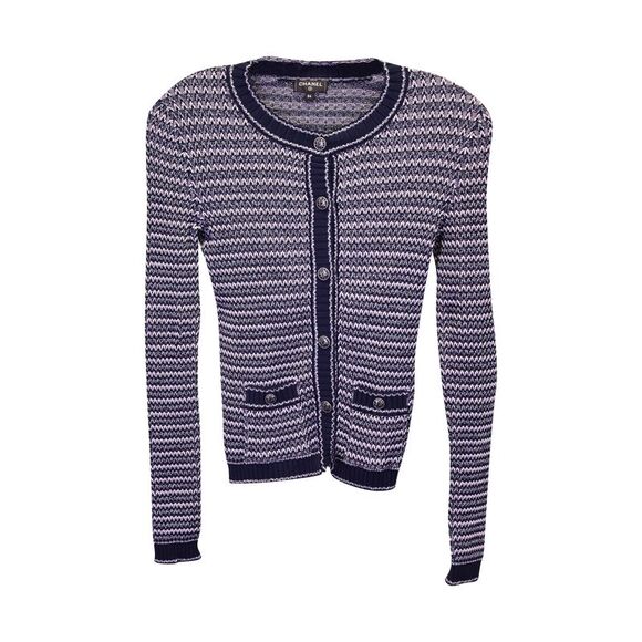 CHANEL | Sweaters | Chanel Striped Buttoned Cardigan In Navy Blue ...